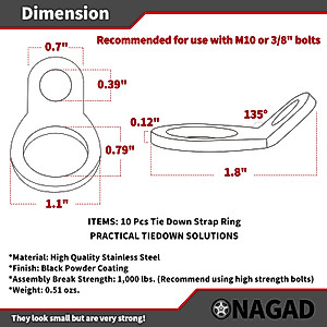 Tie Down Strap Rings Tie-Down Anchors Hooks Stainless Steel Lashing Rings with Black Powder Coating for Tiedown Attachment Points for Dirt Bike, Motorcycle, Trailer,Pickup,Truck,Camper,RV (Pack of 10)