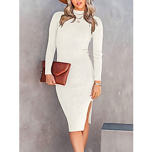 ANRABESS Women 2023 Winter Sweater Dress Turtleneck Long Sleeve Sexy Slim Fit Slit Formal Boydcon Midi Dresses for Elegant Wedding Guest 308bai-S White