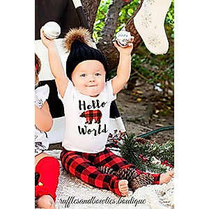 Newborn Baby Boy Winter Clothes Hello World Letter Print Baby Bear Outfits Buffalo Plaid Pants Hat Christmas 3PCS Sets (Hello World, Preemie)