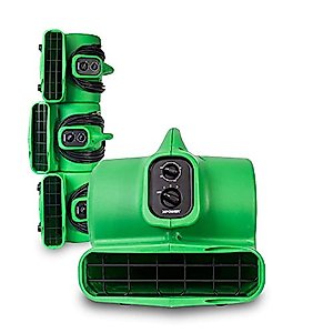 XPOWER P-430AT Medium Sized Air Mover, Carpet Dryer, Floor Blower, and Utility Fan- Features a Timer & Built-in Power Outlets – Green (4 Fans)