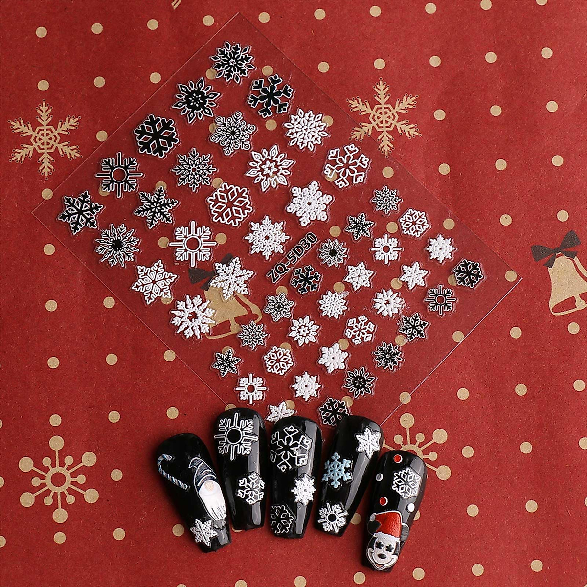 JMEOWIO 3D Embossed Christmas Nail Art Stickers Decals Self-Adhesive Pegatinas Uñas 5D Snowflake Xmas Winter Holiday Nail Supplies Nail Art Design Decoration Accessories 4 Sheets