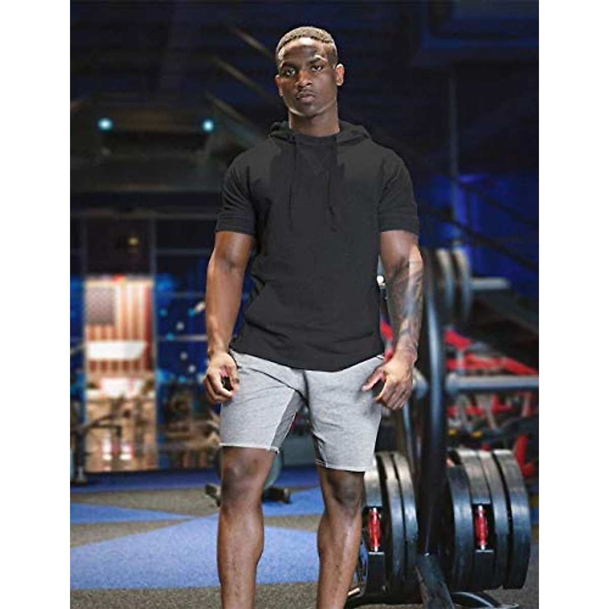 COOFANDY Men's Gym Hoodies Short Sleeve Cotton Athletic Workout Bodybuilding T Shirt Hooded Sweatshirt with Pocket Black