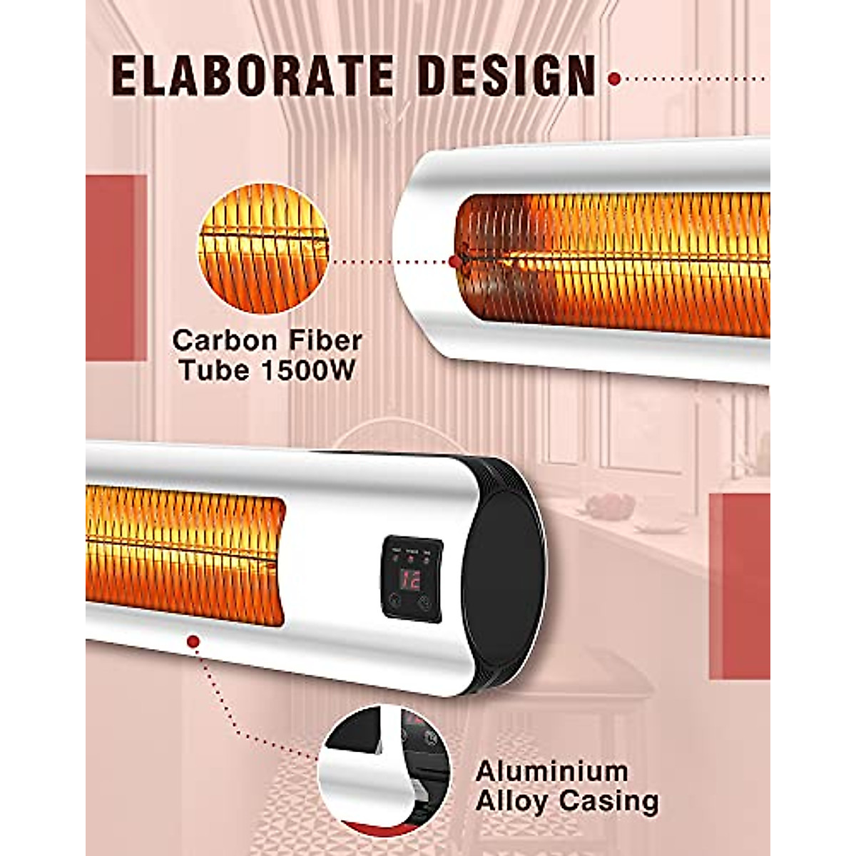 Outdoor Heater 1500W, Sunday Living Infrared Patio Heater, Electric Outdoor Heaters with Remote Control and 12H Timer, IP65 Waterproof, Wall Mounted, Outdoor Heaters for Patio, Silver