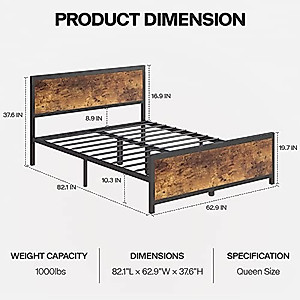 DOGIBIXO Queen Size Bed Frame with Wooden Headboard & Footboard, Rustic Platform Metal Bed Frame with LED Lights, No Box Spring Needed, Metal Slats Support, Easy Assembly, Brown