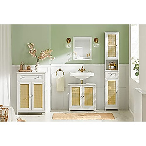 Haotian BZR70-W, White Tall Bathroom Cabinet with Rattan Door, Drawer and Storage Compartment, Linen Tower Bath Cabinet, Cabinet with Shelf