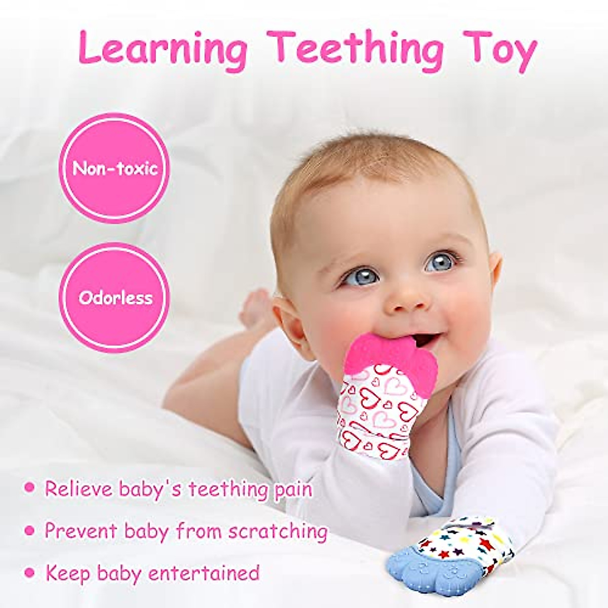 2Pack Silicone Teething Mitt, Soothing Infant Teething Mitten Pain Relief, Prevent Scratches Glove, Safe Silicone Teething Toys for 0-12 Months
