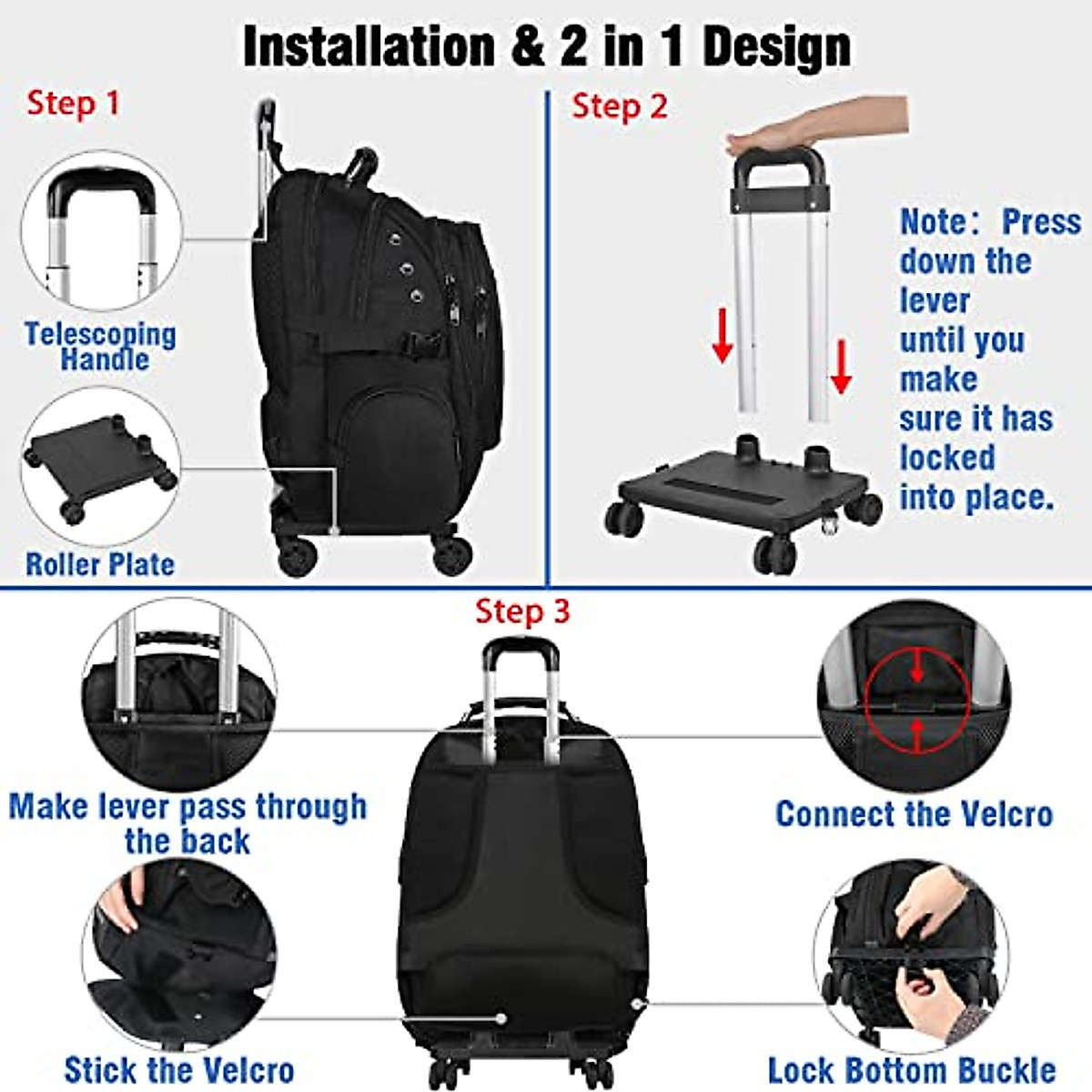 Rolling Backpack, MATEIN Travel Backpack with Wheels, Water Resistant Roller College School Backpack for Girls, 15.6 inch Wheeled Travel Laptop Backpack On Wheels Business Bookbag Gifts for Men, Black