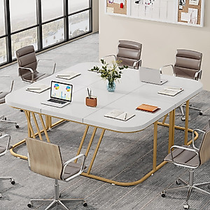 Tribesigns 63" Executive Desk, Large Home Office Desk with Metal Frame, Modern Wood Study Writing Computer Desk Conference Table for Home Office, White & Gold