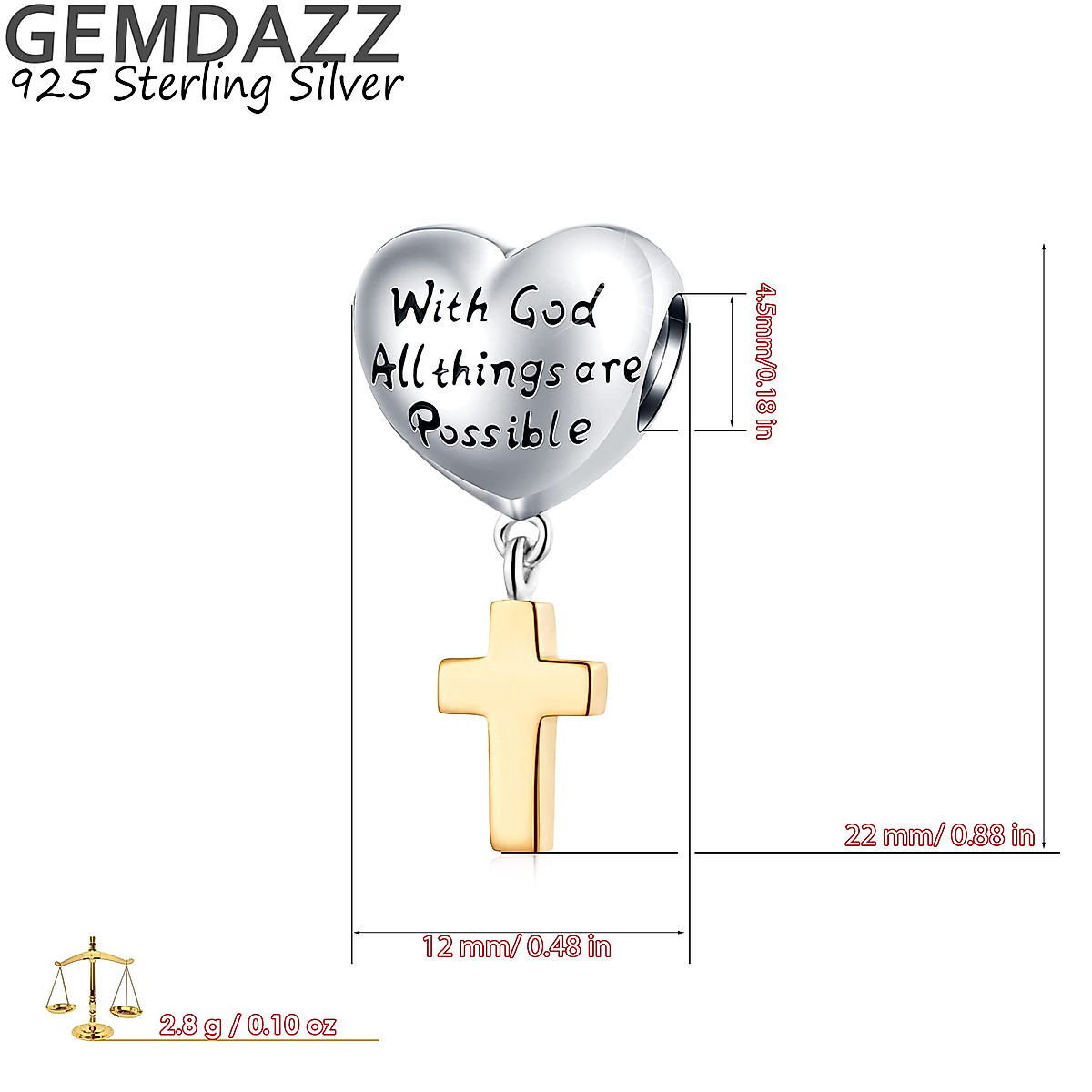 Golden Cross Religious Heart Charms with God All Things Are Possible, 925 Sterling Silver Christian Beads fit Pandora Christmas Bracelet, Gift for Birthday/Easter/Mothers Day/Grandma