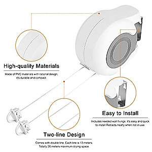 Retractable Clothesline Outdoor Heavy Duty Clothesline kit PVC Retractable Clothes Dryer Line Wall Mounted Clothesline Outdoor and Indoor Shower Clothesline 2X42 Feet, White