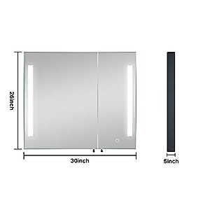 JimsMaison 30x26 inch Silver LED Mirror Bathroom Medicine Cabinet with Double Doors, Space Iron Mirror Storage Cabinet with Defog Function, Dimmable Lights Brightness, Surface or Wall-Black Inner