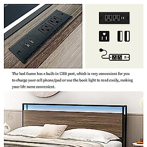 NNV Industrial Twin Size Bed Frame with Headboard Stoarge, Metal Platform Bed Frame with LED Lights and USB Ports, Sturdy and No Noise Easy Installation No Box Spring Needed, Grey