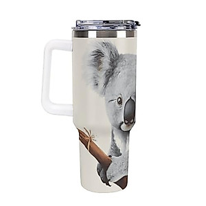 LLUTSNTH 40 Oz Vacuum Tumbler with White Handle Leakproof Insulated Tumbler Koala And Butterfly Stainless Steel Travel Mug with Lid And Straw Coffee Cup Cute Water Bottles Cup Holder Friendly