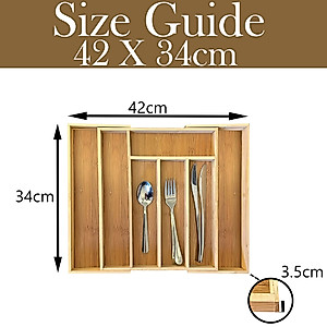 PLASTIFIC Wooden Bamboo Telescopic Cutlery Tray Flatware Utensil Drawer Retractable Tableware Chopsticks Storage Knife Fork Box Drawer Storage Boxes 5-7 Compartments (Bamboo - Sliding Cutlery Tray)