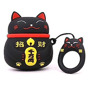 Yonocosta Cute Airpods Case, Airpods 2 Case, Fashion Funny 3D Cartoon Animals Black Lucky Cat Kitty Shaped Full Protection Shockproof Soft Silicone Charging Case Cover with Keychain for Airpods 1&2