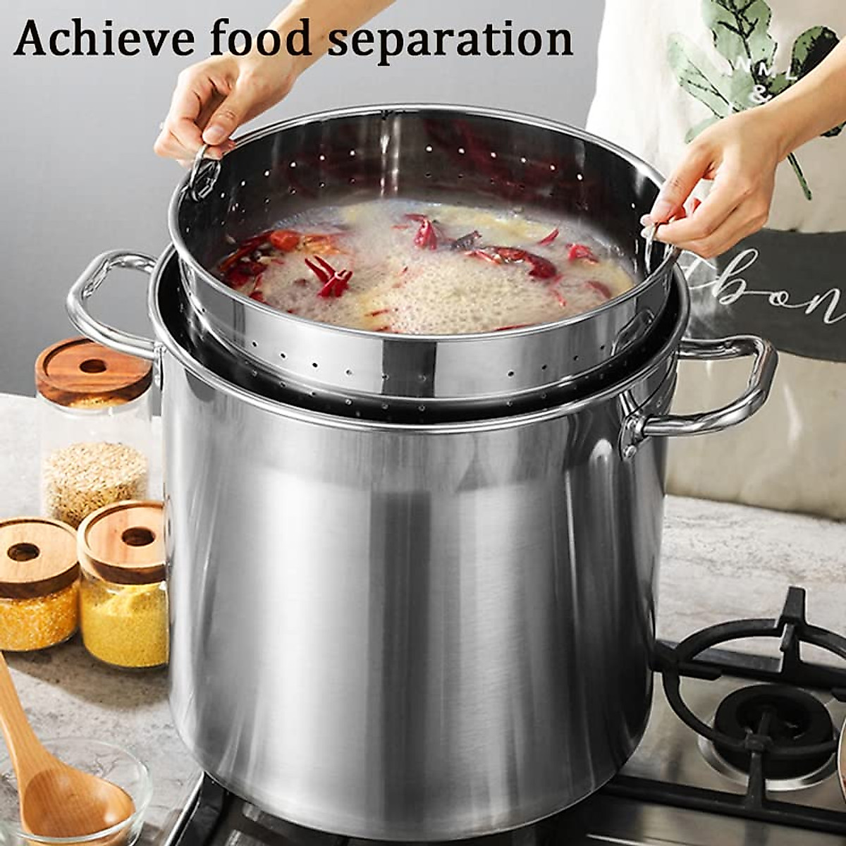 AIZYR 27Qt/45Qt/63Qt Stainless Steel Stock Pot Commercial Heavy Duty Turkey Deep Fryer Crawfish Clam Steamer with Strainer Basket for Soup, Broth & Stock, Chili Casserole,40cm/15.7inch