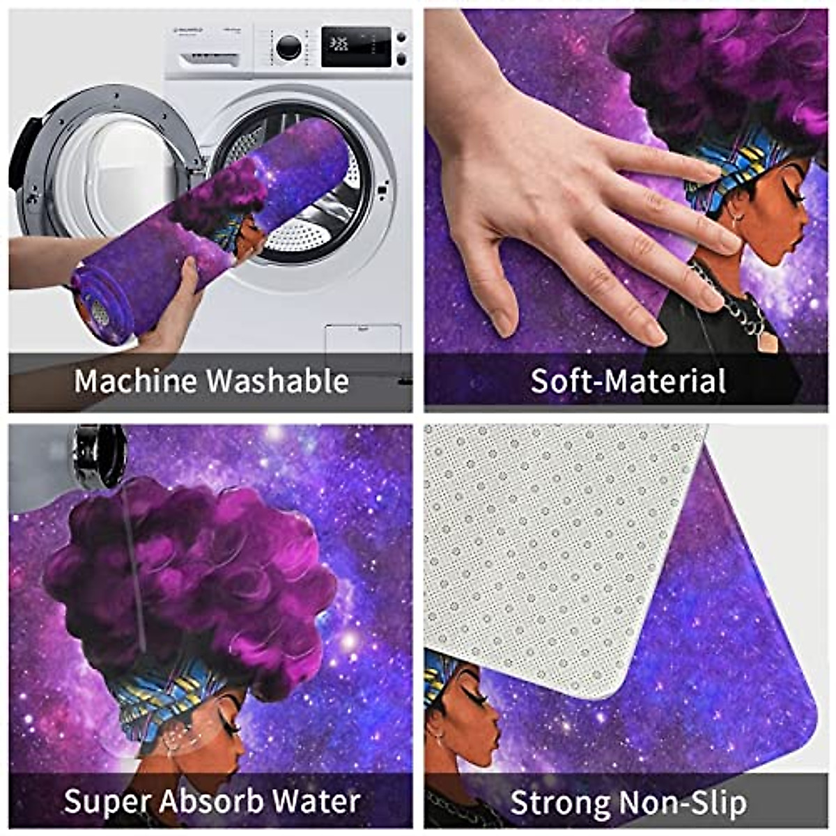 Afro African American Woman with Purple Hair Bathroom Rugs Ultra Soft Non Slip Comfortable Bath Rug Washable Carpet Floor Rugs 19.5 X 31.5 Inches for Living Room Decor, Dining,Kitchen,Bedroom Indoor