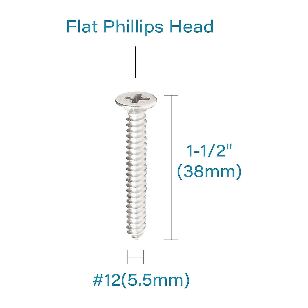 IMScrews 50pcs #12 x 1-1/2" (38mm) Stainless Flat Head Phillips Wood Screws 18-8 (304) Stainless Steel Countersunk Self Tapping Screws