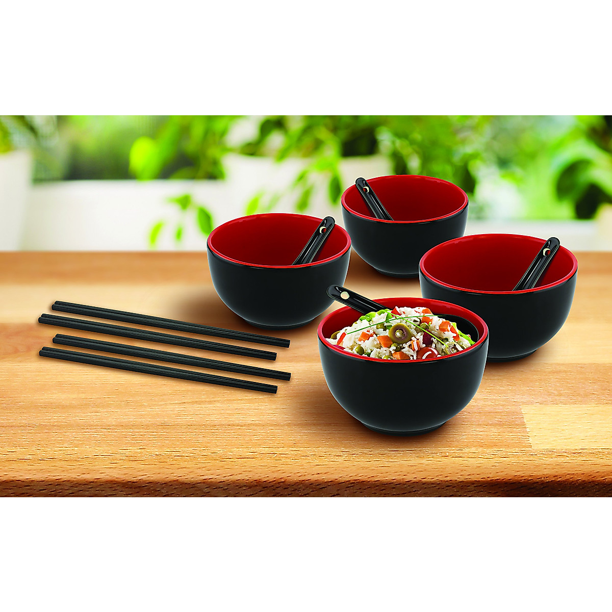 KOVOT Asian Cuisine Ceramic Serving Bowl Set - Includes (4) 20-Ounce Bowls, (4) Oriental Spoons, (4) Sets Of Chopsticks