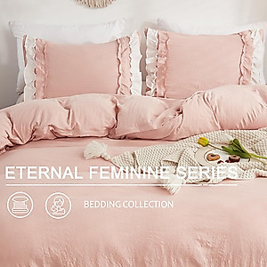 Wotcsil Pink Ruffle Bedding Set for Women Girls Ruffled Full Duvet Cover Set Plain Duvet Cover Shabby Chic Double-Layer Frill Edge Design with Pillowcases, White Pink