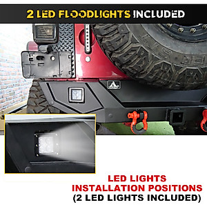 Rear Bumper Compatible for Jeep 2007-2018 Wrangler JK & JKU Unlimited (2/4 Doors),HAWKLEY Rock Crawler Offroad Back Bumper with Hitch Receiver & 2x LED Lights & 2x D-Rings