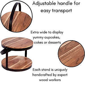 BIRDROCK HOME 2-Tier Cupcake and Cake Stand with Handle - Wood Iron Dessert Serving Tray - Rustic Farmhouse Dessert Stand - Modern Party Tiered Server - Table Kitchen Home Display - Round