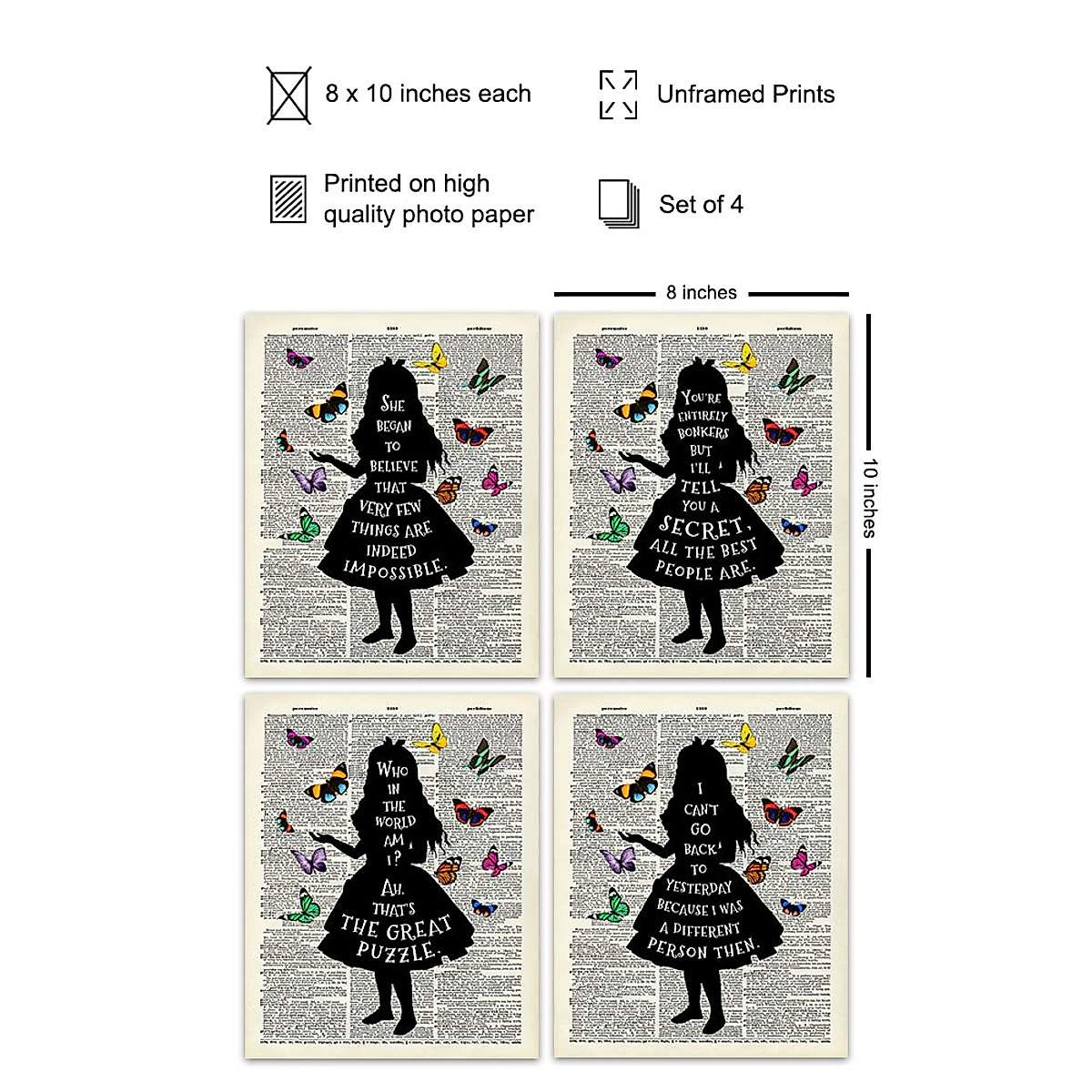 Alice Wonderland Wall Decor Quote Set - 8x10 Dictionary Art Photo Prints - Kids or Girls Bedroom Decor, Room Decorations - Wonderful Gift - Unframed Poster with Butterflies