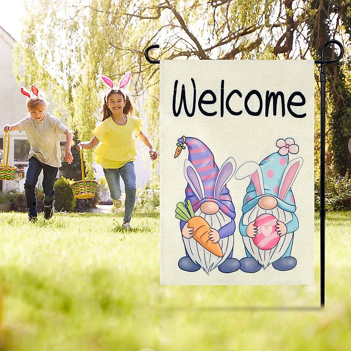 Easter Garden Flag Double Sided, Welcome Gnomes Easter Flag Yard Flag for Outdoor Decoration 12x18 Inch