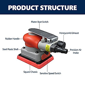 WALFRONT Pneumatic Sander 10000 RPM Air Square Orbit Finishing Sander for Wood Sanding Car Waxing Metal Sanding 75 x 100mm / 3.00 x 4.00in