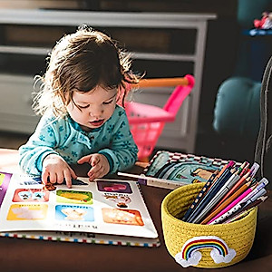 LixinJu Small Basket for Organizing Small Woven Basket Set of 2 Rainbow Small Rope Basket Decorative Mini Storage Bins Round Little for Desk Dog Cat Toy Kids Baby Girls Gifts, Yellow