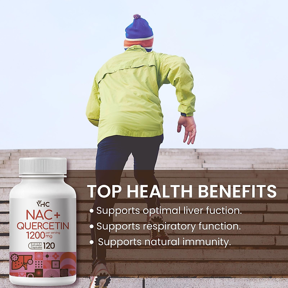 VHC NAC Supplement,Acetyl L-Carnitine1200mg Plus Quercetin, Optimum Dose (1200mg + 100mg), 2 in 1 Dual Action Formula N-Acetyl-L-Cysteine with Quercetin, for Respiratory, Liver, Immune, Made in USA