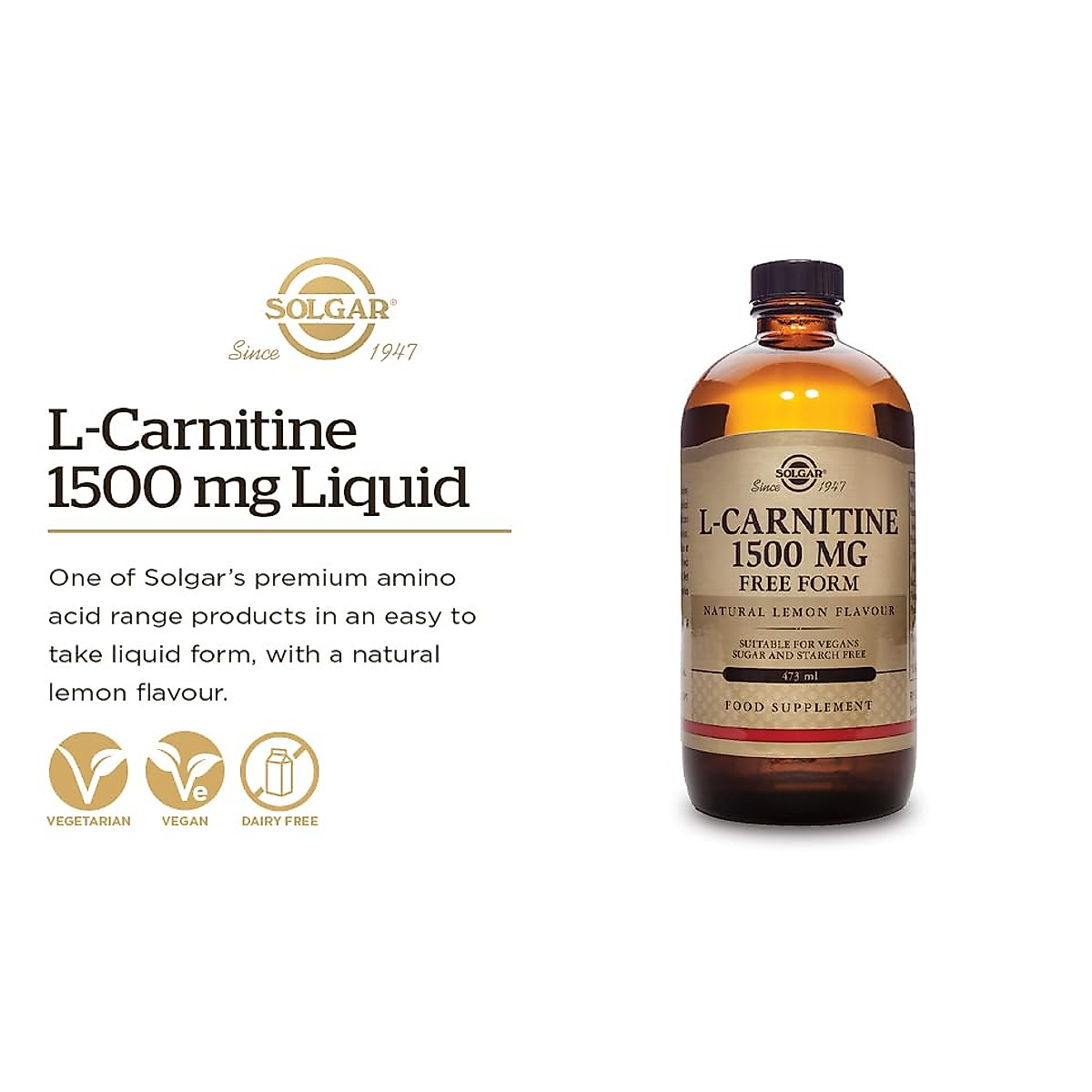 Solgar L-Carnitine 1500 mg Liquid, 16 oz. - Natural Lemon Flavor - Heart Health - Supports Energy, Metabolism, Exercise Endurance & Recovery - Non-GMO, Vegan, Gluten & Dairy Free - About 31 Servings
