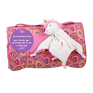 Emily Rose Rollup Toddler Kids Sleeping Nap Cot Mat | Removable Pillow & Unicorn Lovey Included | 100% Cotton for Daycare, Preschool, Travel Naps | Portable, Cozy, Machine Washable (Playful Hearts)