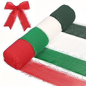 4 Rolls Christmas Ribbons, 1.5" x 32Yds Chiffon Ribbons Handmade Fringe Christmas Chiffon Ribbons for Christmas Gift Wrapping Party DIY Crafts