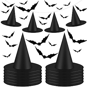 Elcoho 12 Halloween Black Witch Hats, Costume Accessories Caps, 32 3D Bat Wall Stickers for Yard Party