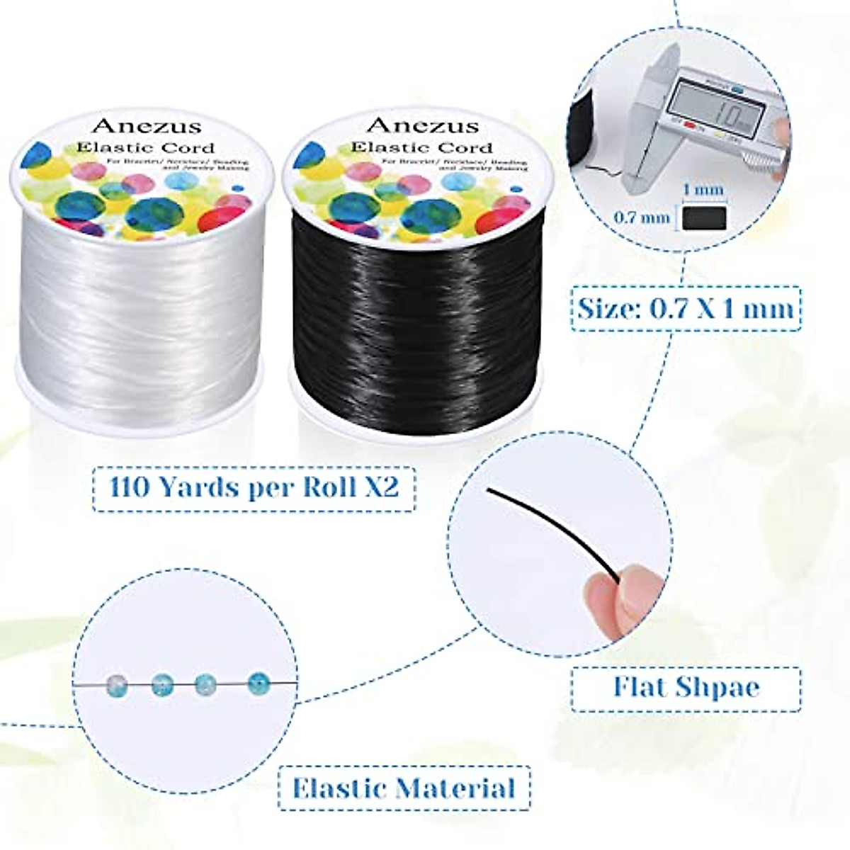 Stretchy String for Bracelets, Anezus 2Pcs Elastic String Jewelry Bead Cord with Large Eye Beading Needles for Seed Beads, Pony Beads, Clay Beads, Bracelet, Necklace and Jewelry Making, Black & White