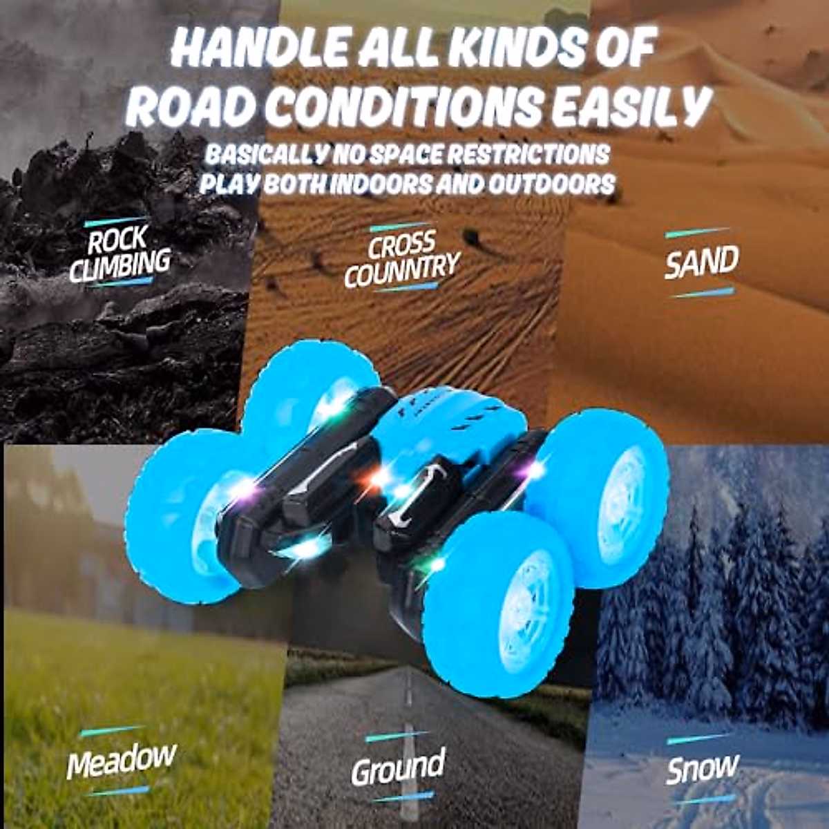 Obsiusfb RC Stunt Car for Kids with Wheel Lights and Headlights, 2.4GHz Double Sided 360° Rotating RC Car, High Speed Rechargeable Remote Control Crawler for Boys & Girls (Blue)