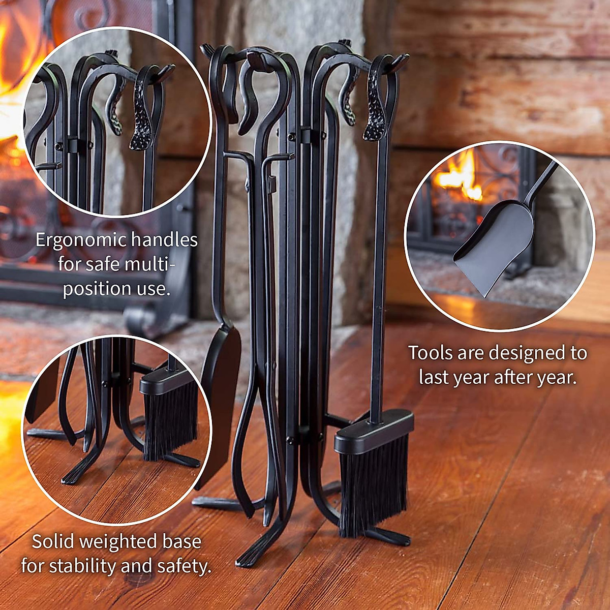 Plow & Hearth 5 Piece Hand Forged Iron Compact Fireplace Tool Set | Poker | Tongs | Shovel | Broom | Hearth Accessory| Black Finish | 10.25" x 20"H