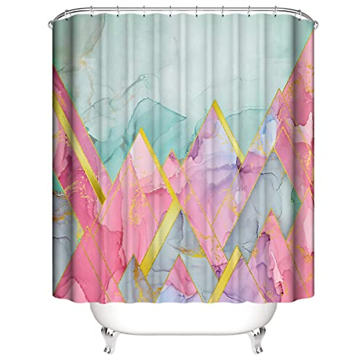 HOMAEUPIN 4 Pcs Gold Colorful Geometry Marble Shower Curtain Sets Watercolor Light Luxury Non-Slip Rugs Toilet Lid Cover U-Shaped Mat Modern Bathroom Accessory Sets 24 Hooks Red