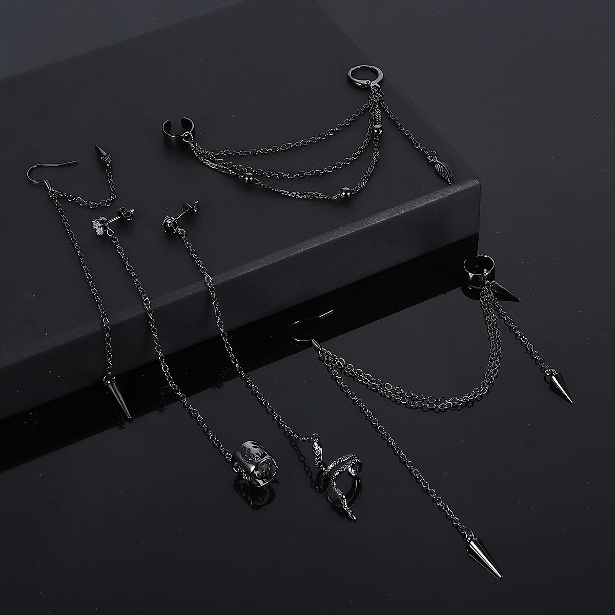 Drperfect 5Pcs Cuff Chain Earring for Men Women 316L Stainless Steel Feather Leaf Snake CZ Tassel Ear Cuff Crawler Climber Cartilage Long Drop Chain Dangle Earrings