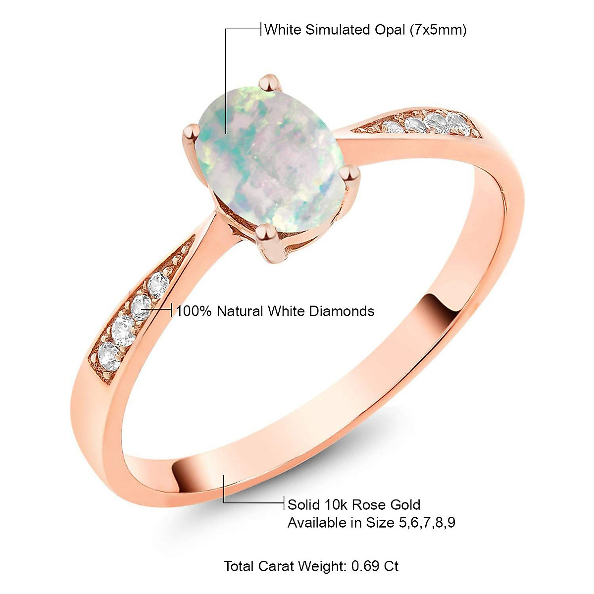 Gem Stone King 10K Rose Gold White Opal and White Diamond Engagement Ring For Women (0.69 Cttw, Gemstone October Birthstone, Oval Cabochon 7X5MM, Available In Size 5, 6, 7, 8, 9)