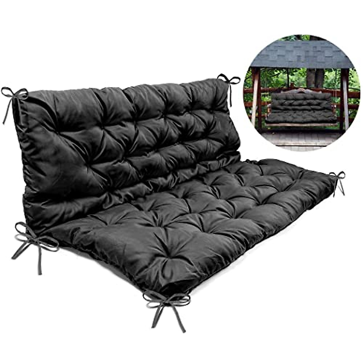 Homaisson Swing Replacement Cushion, Outside Bench Cushion with Backrest, 2-3 Seater Cushion with 8 Ties for Outdoor Furniture, 59 x 39 x 4 Inches Porch Swing Cushion Garden Bench (Black)
