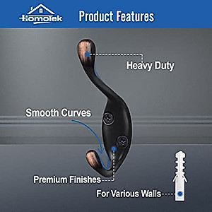 HOMOTEK 4 Pack Heavy Duty Dual Coat Hooks Wall Mounted Double Prong(Up and Down) Rustproof Coat Hooks Hardware Retro Robe Hanger for Coat,Towel, Scarf, Hat, Bag, Key, Shoes, Oil Rubbed Bronze