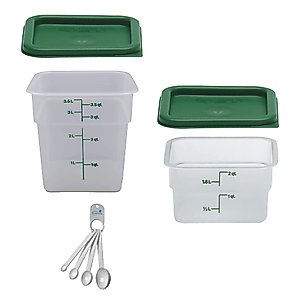 Lumintrail Cambro Polycarbonate Square 2 Quart and 4 Quart Clear Food Storage Containers, with 2 Kelly Green Lids, Bundle with a Measuring Spoon Set