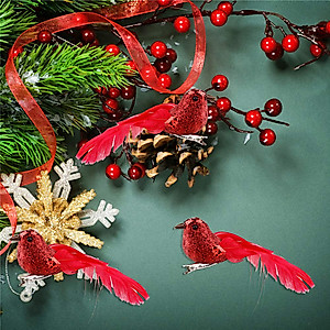 WDDH 12Pcs Artificial Christmas Cardinal Birds, 6inch Glitter Mini Foam Red Christmas Birds with Long Tail Feather, Clip-on Christmas Tree Ornament Small Bird Figurine for Home Garden Wedding Decor