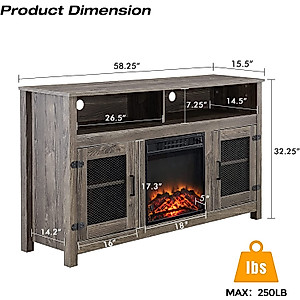 TV Stand with Electric Fireplace Modern Farmhouse, Fit up to 65" Flat Screen TV with Storage Cabinet and Adjustable Shelves Industrial Entertainment Center for Living Room, Grey