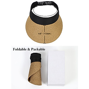 Women Wide Brim Straw Visor Sun Hat UV Protection Packable Beach Cap for Summer UPF 50+(Khaki)