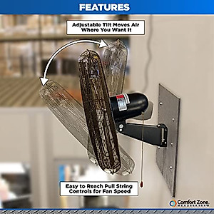 Comfort Zone CZVHW30 30” 2-Speed High Velocity Industrial Wall Fan, All-Metal Construction, Adjustable Tilt, Steel Mounting Bracket with Adjustable Angle, Aluminum Blades, Black