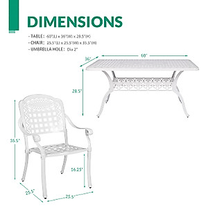 VIVIJASON 7-Piece Patio Furniture Dining Set, All-Weather Cast Aluminum Outdoor Conversation Set, Include 6 Chairs and a Rectangle Table with Umbrella Hole for Balcony Lawn Garden Backyard, White