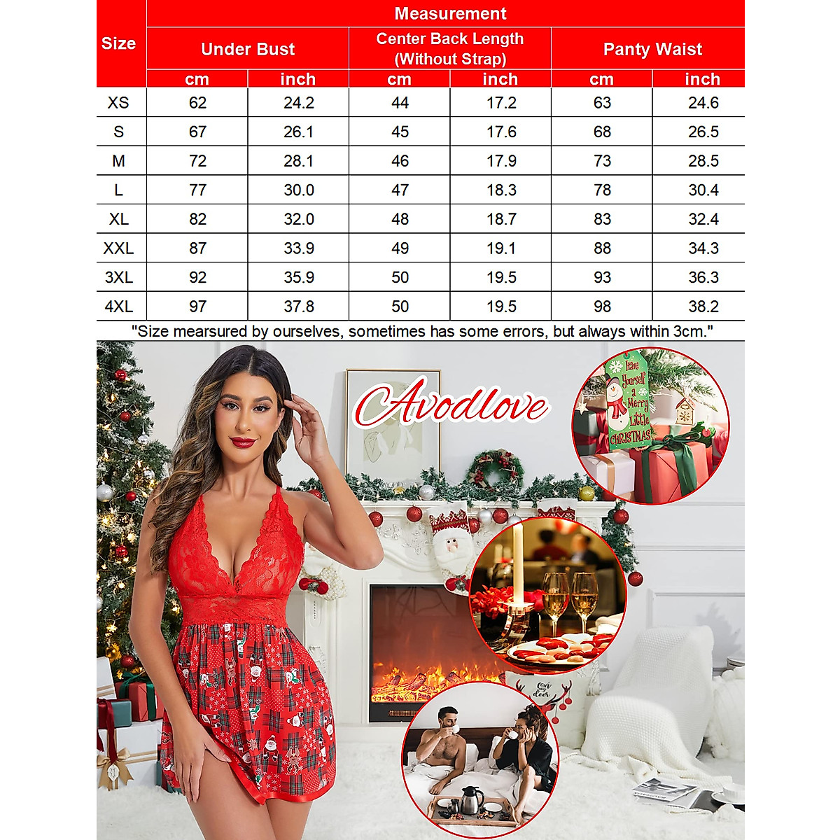 Avidlove Women Lingerie Lace Babydoll Strap Chemise Halter Teddy V Neck Mesh Nightgown Christmas Print M